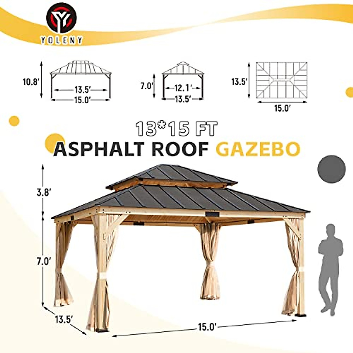 YOLENY 13' x 15' Solid Spruce Wood Gazebo, Hardtop Gazebo with Coated Wood Frame, Waterproof Asphalt Double Roof, Nettings and Curtains for Lawns, Gardens, Decks, and Patios