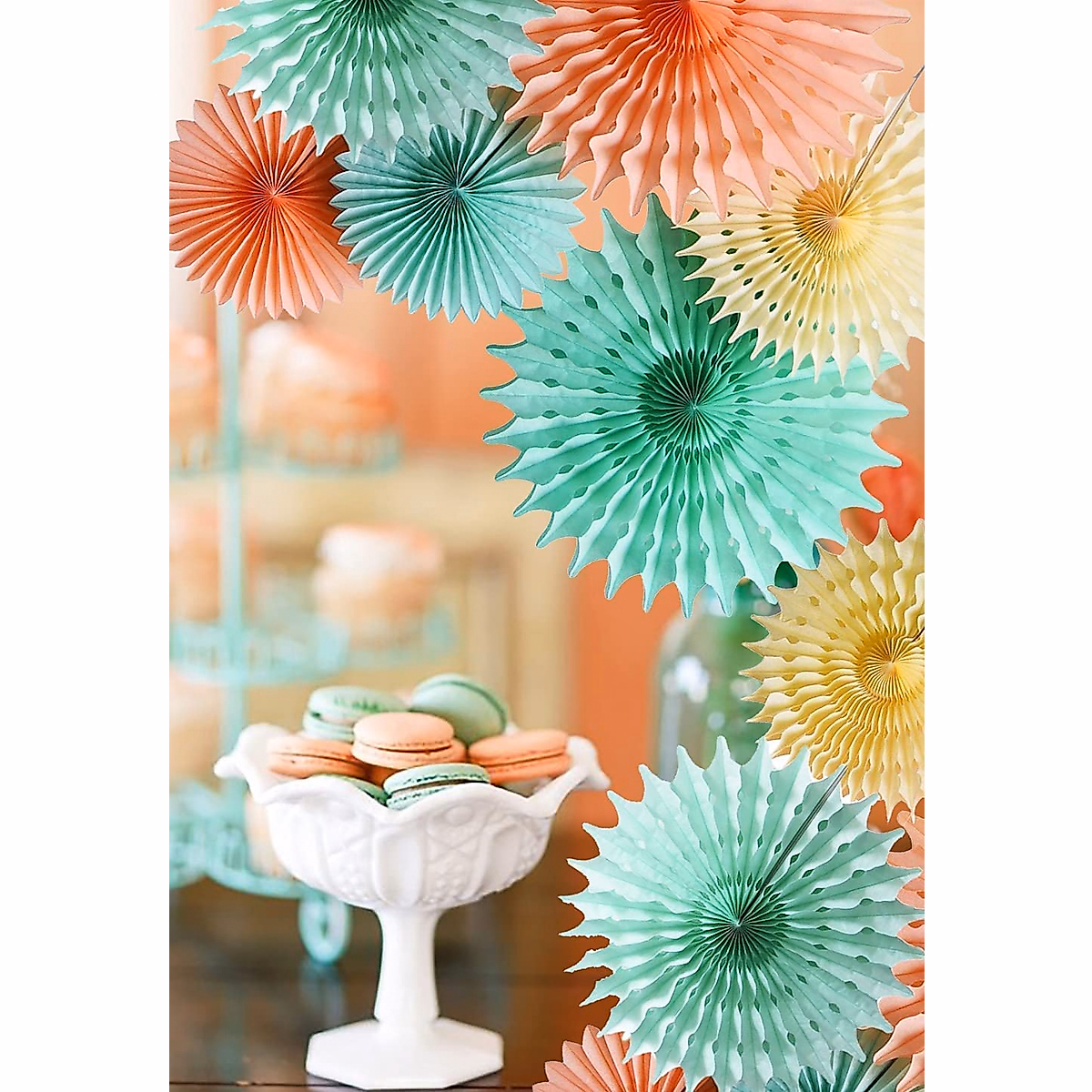 Boho Rainbow Party Decorations/Mint Peach Birthday Party Decorations/Mint Peach Baby Shower Decorations/7pcs Tissue Paper Fan Flower/Mint Peach Wedding Bridal Shower/