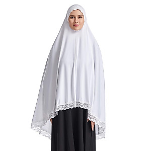 khalat Women's Elegant Hijab Lace Trim Muslim Islamic Ramadan Soft Lightweight Hijab Long Scarf White