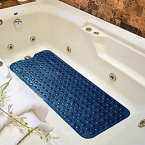Duwenem Bath Mat for Tub and Shower - Extra Large 39 X 16 Inch Non Slip Bathtub Mat with Drain Holes & Suction Cups - Machine Washable Bathroom Mat (Navy Blue)