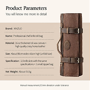 XINZUO Chef Knife Roll Bag-Professional Chef Knife Case-16oz Waxed Canvas and Crazy Horse Leather -With 12 Slots Plus 2 Zipper Pockets to Hold Kitchen Cooking Tools-Travel Tool Roll Pouch(Bag Only)