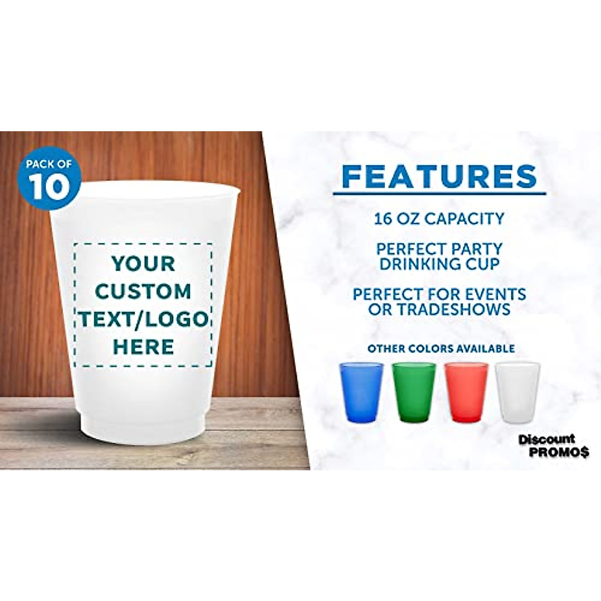 Custom Frosted Plastic Stadium Cups, 10 pack, Promotional Text, Logo, 16 oz. Shatterproof Flexible Reusable Party Cups, Pearl White