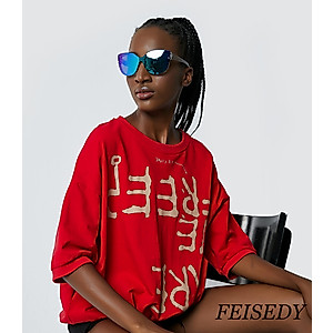 FEISEDY Cat Eye Sunglasses Polarized for Women Men，Rimless Mirrored Sunglasses, Oversized, Trendy Retro Sun Glasses B2796 Transparent Grey/Blue Mirror