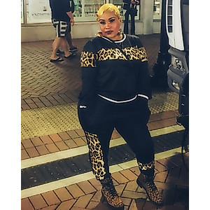 Alunzoem Womens Casual 2 Piece Outfits, Leopard Print Long Sleeve Top Pants Set Tracksuits Black XL