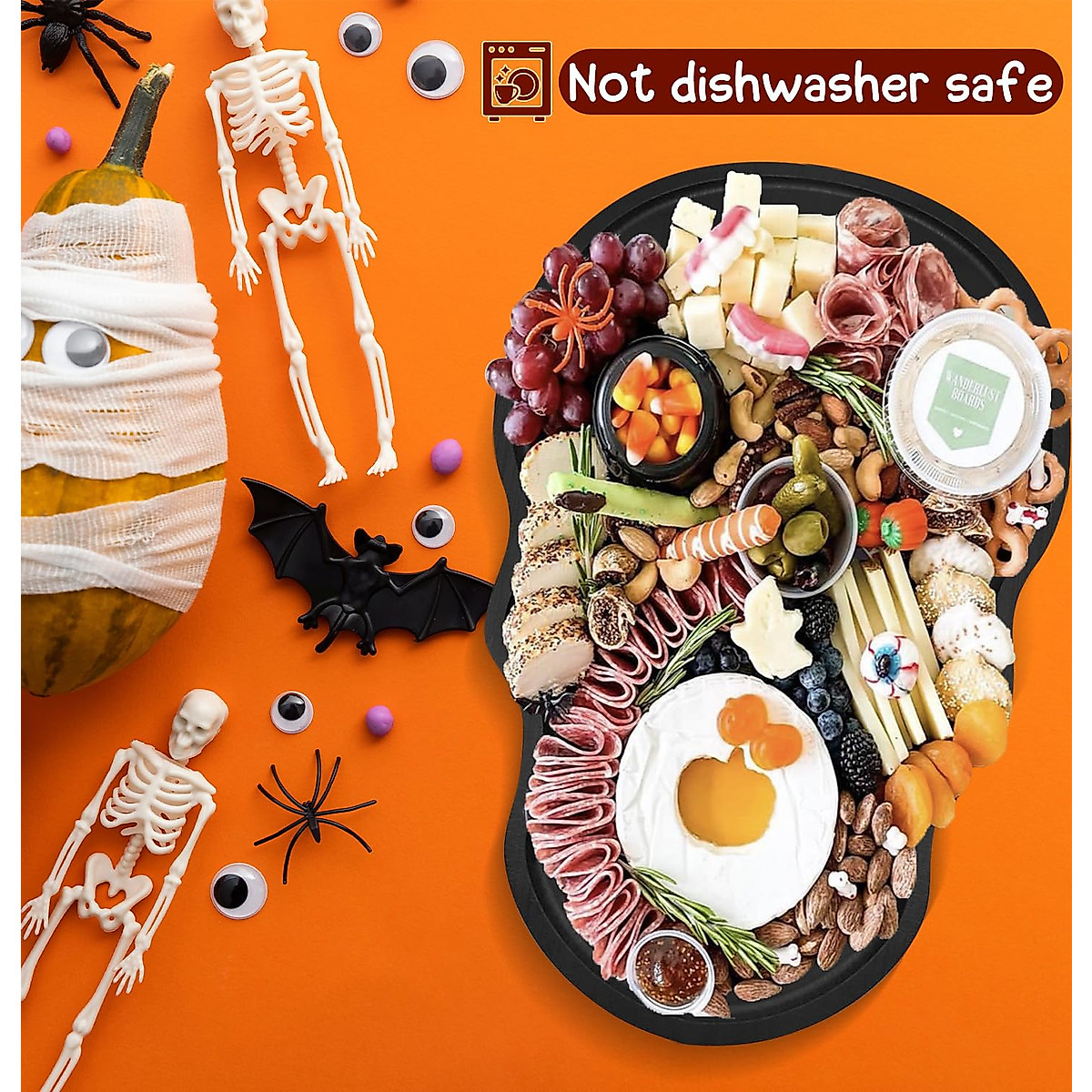 Halloween Charcuterie Boards,Black Skull Serving Trays and Platters, Wooden Cheese Board Candy Bowl Gothic Kitchen Dishes Halloween Party Day of The Dead Decor