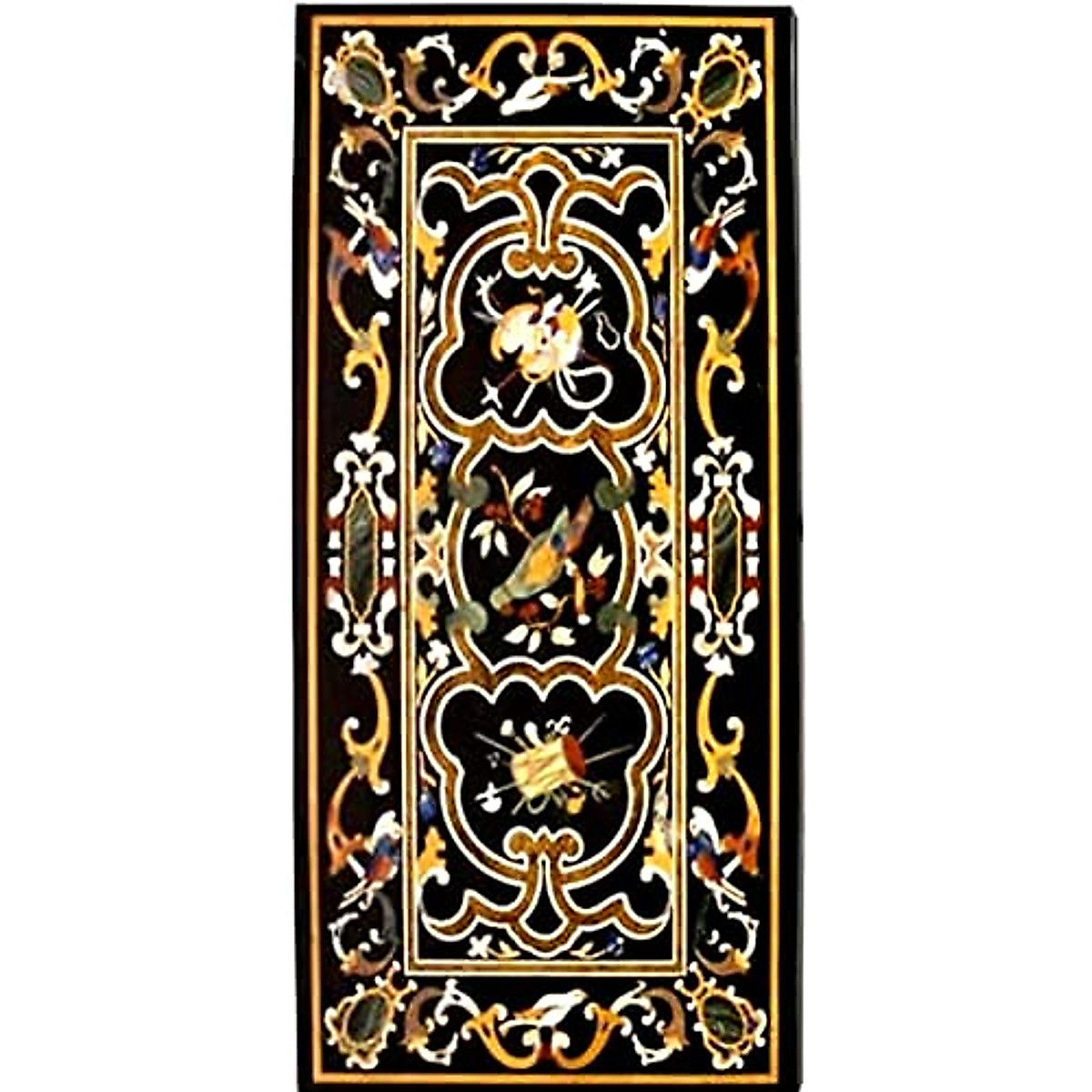 48" X 30" Inch Natural Black Marble Dining Table Pietra Dura Floral Marquetry Patio Table, Outdoor Furniture Table, Italian Style Table