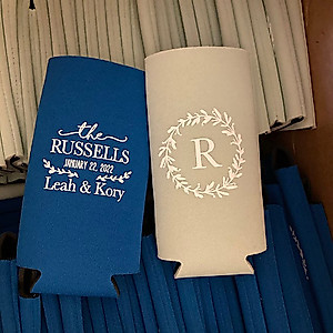 Customized Slim 12oz Wedding Can Coolers, Personalized Wedding Favors, bachelorette party favors Monogram Can Holders (Custom – Assorted, 100 Slim Can Cooler)