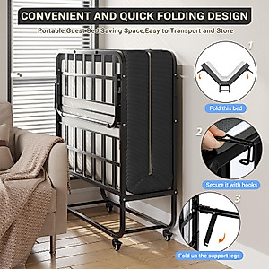 DICTAC Folding Bed with Mattress 75x38 Twin Size Bed Frame Portable Foldable Guest Bed for Adults Rollaway Bed with Wheels Fold up Bed with Metal Slats Bed Frame- 5'' Luxurious Memory Foam Mattress