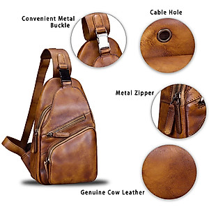 Genuine Leather Sling Bag Chest Shoulder Hiking Backpack Vintage Handmade Crossbody Daypack (Brown)