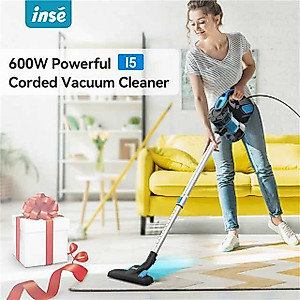 INSE Corded Vacuum Cleaner, Corded Stick Vacuum with 600W Powerful Motor 18000Pa Handheld Vacuum Cleaner for Pet Hair Hard Floor Home - Blue
