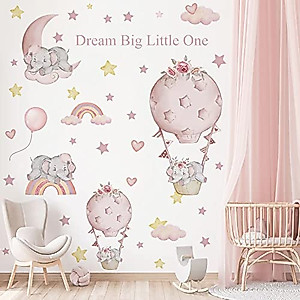 Dream Big Little One Elephant Wall Stickers Pink Hot Air Balloon Stars Wall Decals Baby Girl Room Decor for Nursery Peel and Stick Wall Decoration for Bedroom