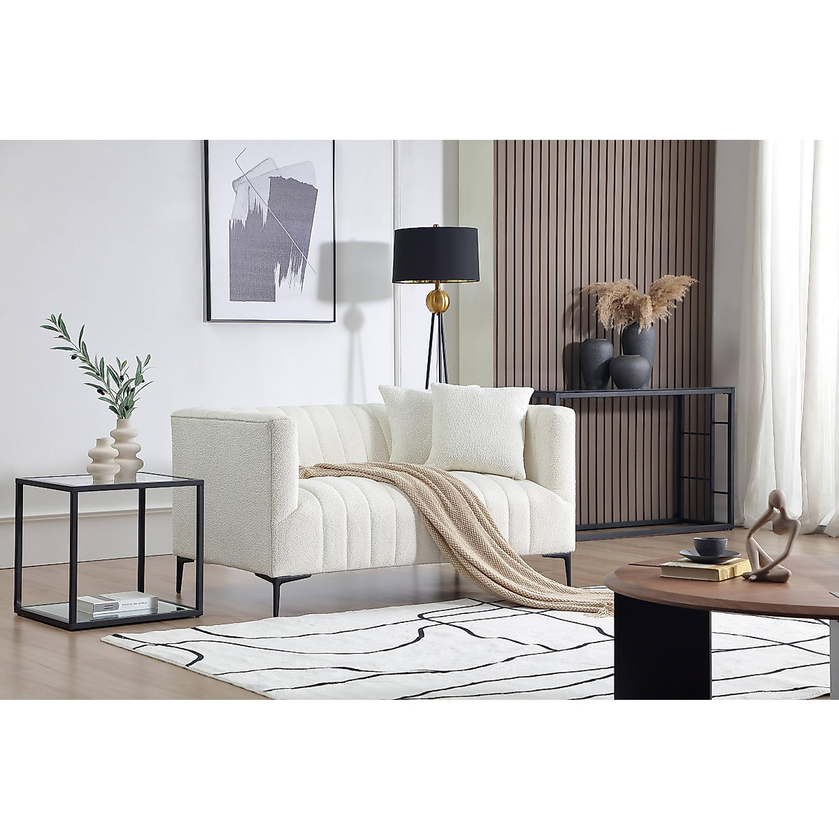 Get Set Style Modern Accent Loveseat Sofa Couch, Tufted Bouclé Upholstered Sherpa Deep Seat Cloud Couch with 2 Pillows, Comfy 2 Seater Love Seat for Living Room Apartment Office Lounge Studio (White)