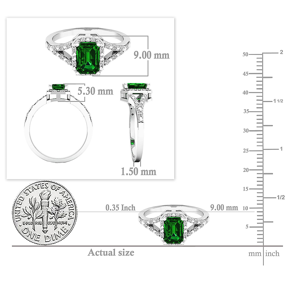 Dazzlingrock Collection 7x5mm Lab Created Emerald & Round White Diamond Halo Split Shank Engagement Ring for Women in 925 Sterling Silver Size 5.5