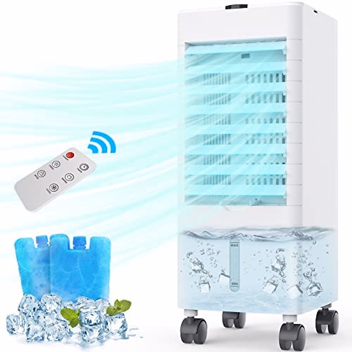 3-In-1 Evaporative Air Cooler, Cooling Fan with 3 Modes & 3 Speeds, Windowless Air Conditioner with 12-H Timer Remote Control, Swamp Cooler w/60° Oscillation, Portable Air Conditioner for Room/Office