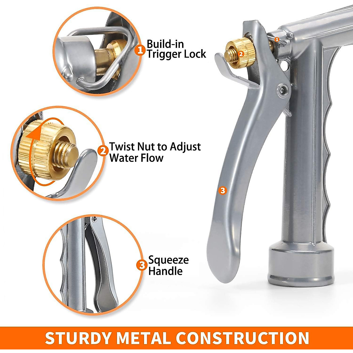 Hose Nozzle 2 Pack, Full Size Pistol Nozzle with Threaded Front, Durable High Pressure Garden Hose Nozzle, Rear Control Sprayer for Watering Plants, Cleaning