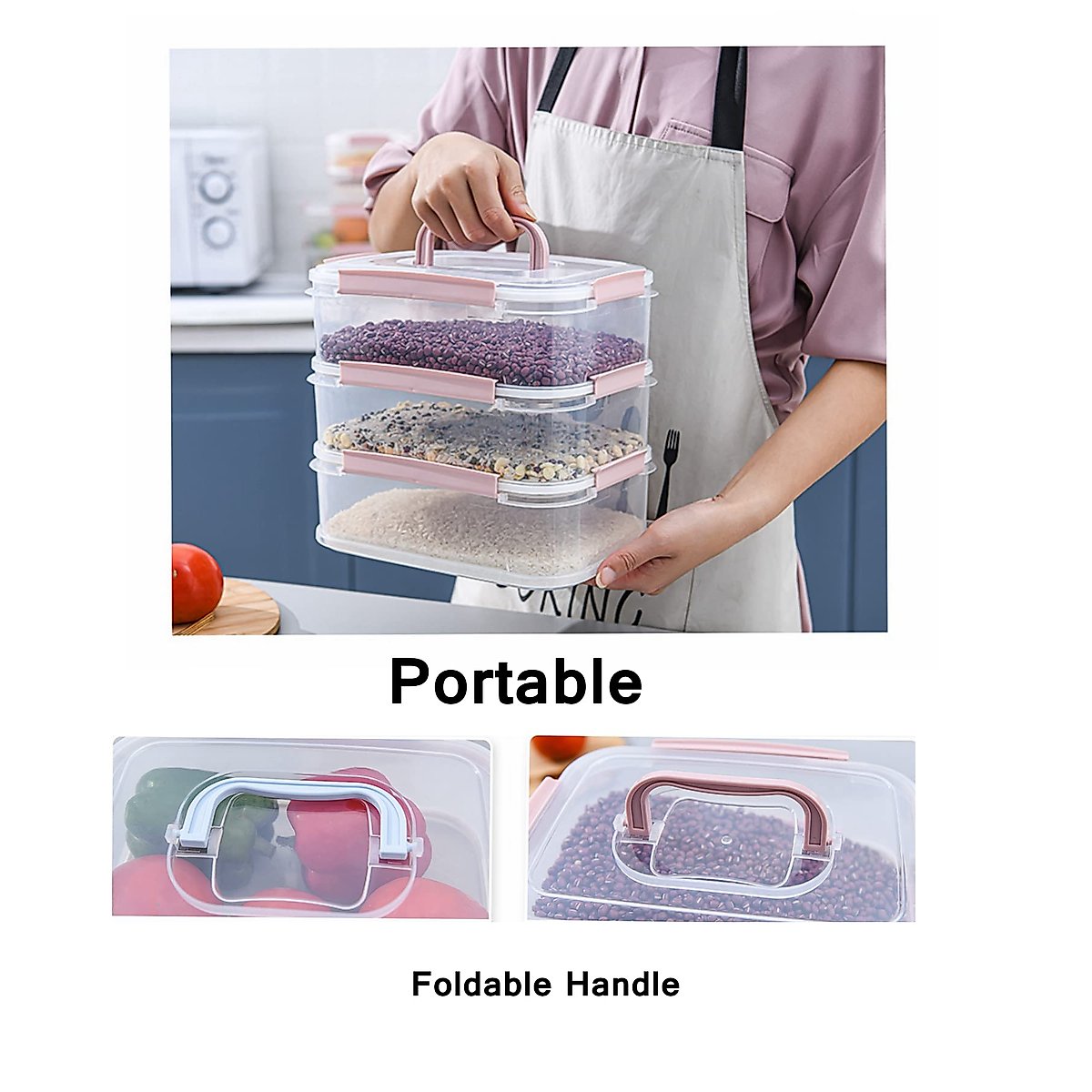 TIAN CHEN Airtight Food Storage Containers, Stackable Cookie Carriers with Handle, Leak Proof Leftover Bin, Medium BPA Free Plastic(Light Blue rectangle)