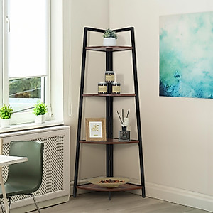 CAPHAUS Tall Corner Shelf Stand, 4-Tier Display Shelves, Ladder Corner Wood Storage Plant Bookshelf with Metal Frame, Versatile Shelving Unit Bookcase for Home Office Space, Rustic Oak