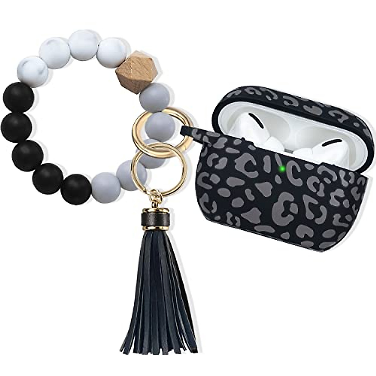 Grey Leopard Airpods Pro Case Silicone, Beaded Wristlet Apple Airpod Pro Cover for Girl Women, Case Soft Skin for AirPod Pro Wireless Charging Case with Bracelet Keychain (Gray Leopard/Cheetah)