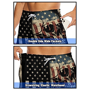 Partrest American Flag Skull Men's Swim Trunks with Compression Liner - 7 Inch American Flag Board Shorts for Beach