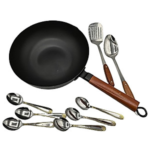 vivicreate Carbon Steel Wok Pan, 9 Piece Woks & Stir-Fry Pans Set with Spatula, No Chemical Coated Flat Bottom Chinese Pan for Induction, Electric, Gas, suitable All Stoves - 12.5''