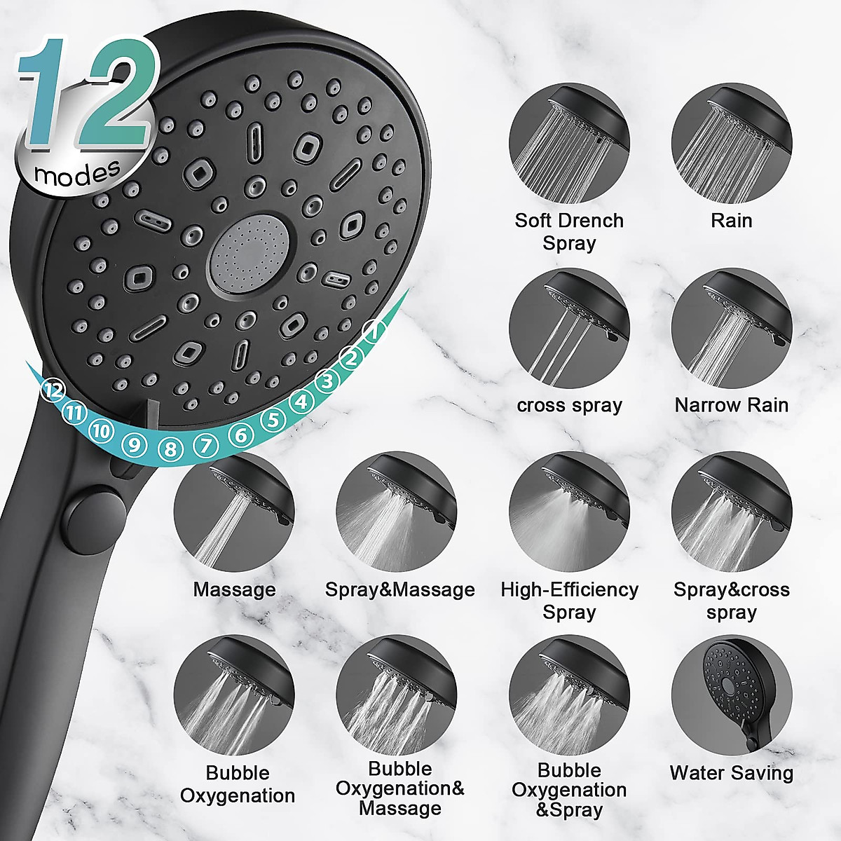 Heemli 12 Functions Shower Head with handheld, Hand held Shower with ON/OFF Pause Switch, High Pressure Shower Head Set with Hose Adjustable Bracket Rubber Washers - Black - U.S. Design Patents