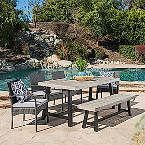 Christopher Knight Home Louise Outdoor Wicker Dining Set with Acacia Wood Table and Bench and Water Resistant Cushions, 6-Pcs Set, Sandblast Light Grey / Black Rustic Metal / Grey / Grey Cushions