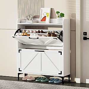 Derfullo Shoe Storage Cabinet,Farmhouse Shoe Organizer with 2 Flip Drawers & Barn Door Design,Freestanding Hidden Slim Narrow Shoe Rack Cabinet for Entryway,Foyer,Hallway (White)