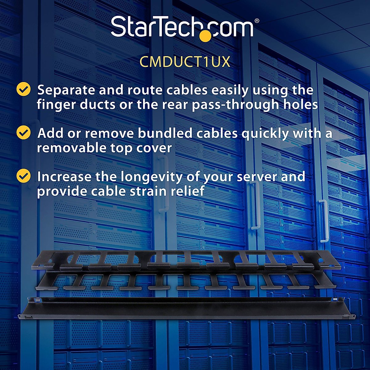 StarTech.com Horizontal 1U Server Rack Cable Management Finger Duct w/ Cover - 19" Network Rack Wire Duct Raceway Panel - Slotted Wire Duct (CMDUCT1UX)