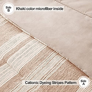 Mybedsoul Khaki Comforter Set Queen Size, Cationic Dyeing Stripes Comforter All Season Bedding Set, Soft Microfiber 7 Pieces Bed in a Bag (2 Pillow Shams, Flat Sheet, Fitted Sheet and 2 Pillowcases)
