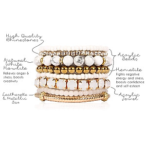 RIAH FASHION Multi Color Stretch Beaded Stackable Bracelets - Layering Bead Strand Statement Wrap Bangles (Natural Stone - White Howlite/Gold, 7.0 Inches)