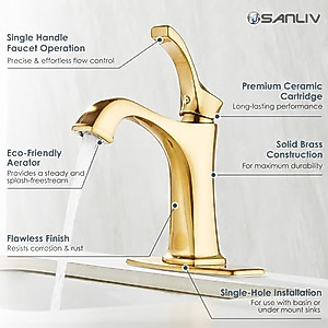 Sanliv Brushed Gold Single Handle Bathroom Faucet, Deck Mount, 1 or 3 Hole Centerset, Solid Brass Body, Ceramic Disc Cartridge, Easy Installation, 6-Inch Deck Plate