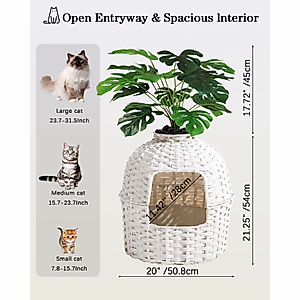 SETVSON Cat Litter Box Plant Furniture Hidden Cat Litter Box with Artificial Plants, Handwoven Rattan Cat Litter Box Enclosure with Cat Litter Box, Enclosed Plant Cat Litter Box in Living Room (White)