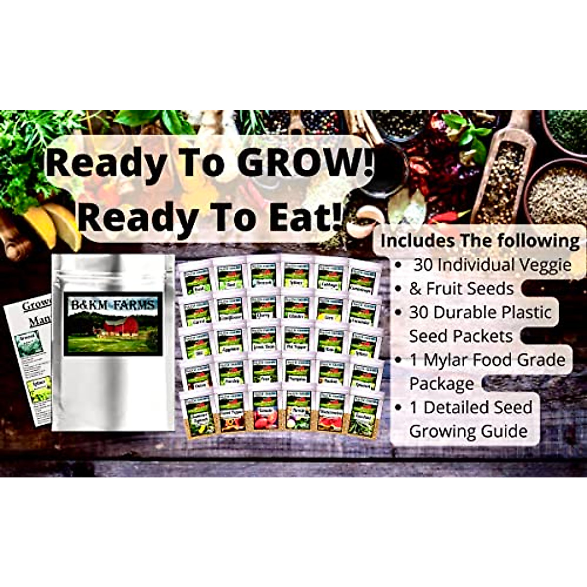 30 Vegetable & Fruit Seeds for Planting Your Outdoor & Indoor Home Seed Garden, Survival Gear Kit Includes 5900 Seeds, A Growing Guide & Mylar Package Gardening Heirloom Non-GMO Veggie Seed B&KM Farms