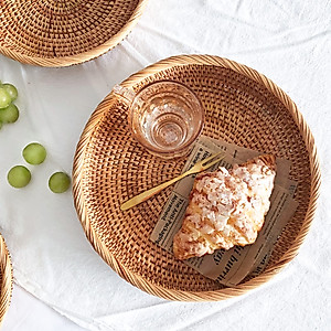 I-lan 10 Inch Round Bread baskets with 2" Wall, Rattan Fruit Basket with Rolled Edge, Decorative Natural Basket Wicker Bowl for Nuts, Candy Catch All Dish, Storage, Coffee Table, Brown, L