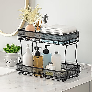 iNUREYE 2 Tier Fruit Basket for Counter, Metal Fruit Basket Stand Detachable Fruit Holder Bread Vegetable Storage Basket Square Fruit Bowl for Kitchen Counter Dining Table