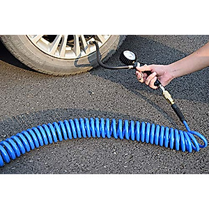 YOTOO Polyurethane Recoil Air Hose 1/4" Inner Diameter by 25' Long with Bend Restrictor, 1/4" Industrial Quick Coupler and Plug, Red+Blue. 2-Pack