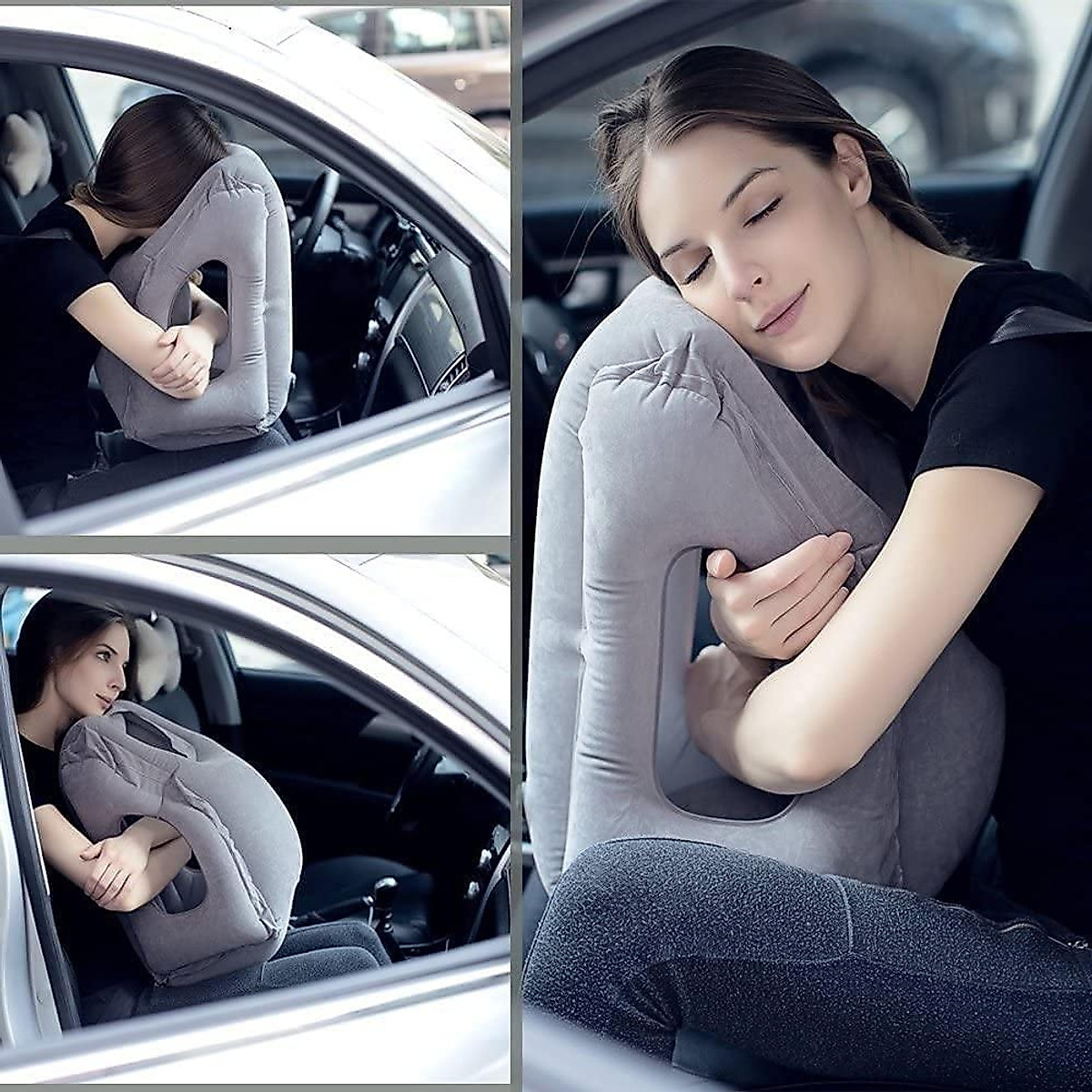 PVC Inflatable Travel Pillow Portable Headrest Chin Support Cushions for Airplane Plane Car Office Rest Neck Nap Pillows,Black