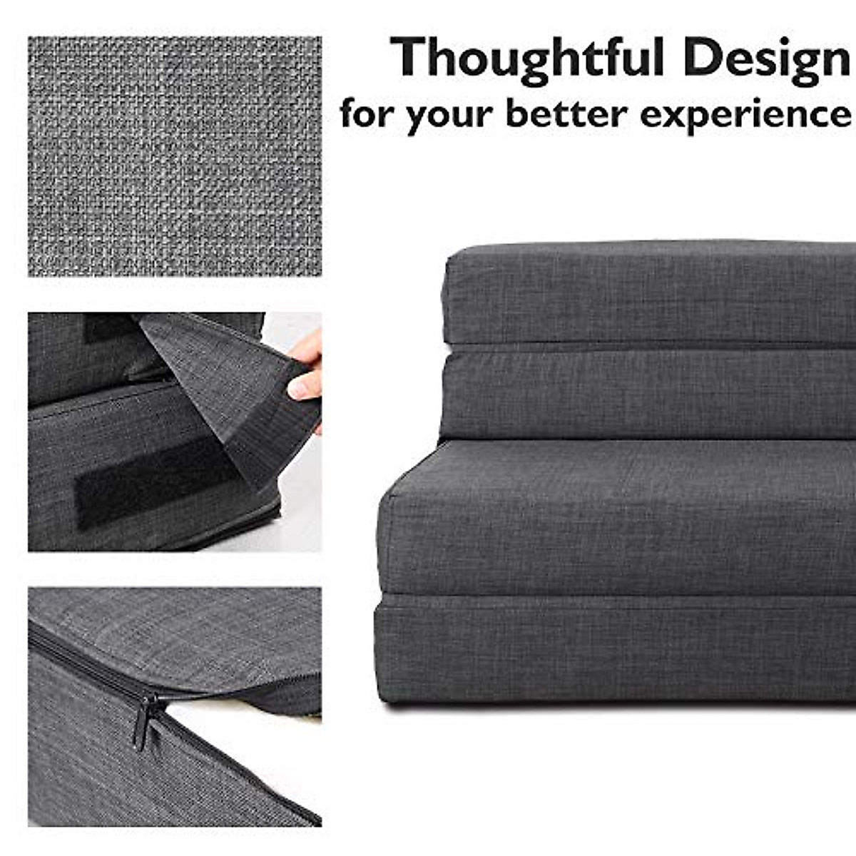 ANONER Fold Sofa Bed Couch Memory Foam with Pillow Futon Sleeper Chair Guest Bed and Fold Out Couch,Washable Cover Twin Size, Dark Gray