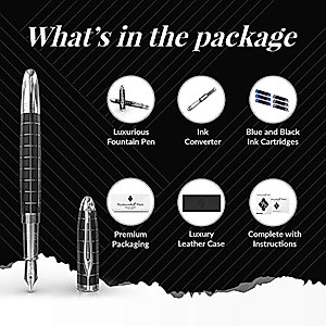 Wordsworth & Black Majesti Fountain Pen - (Checked), Luxury Case, Chrome Finish, Iridium Medium Nib - 24 Ink Cartridges, Refillable Ink Converter-Calligraphy Pen-Best Business Gift Set for Men & Women