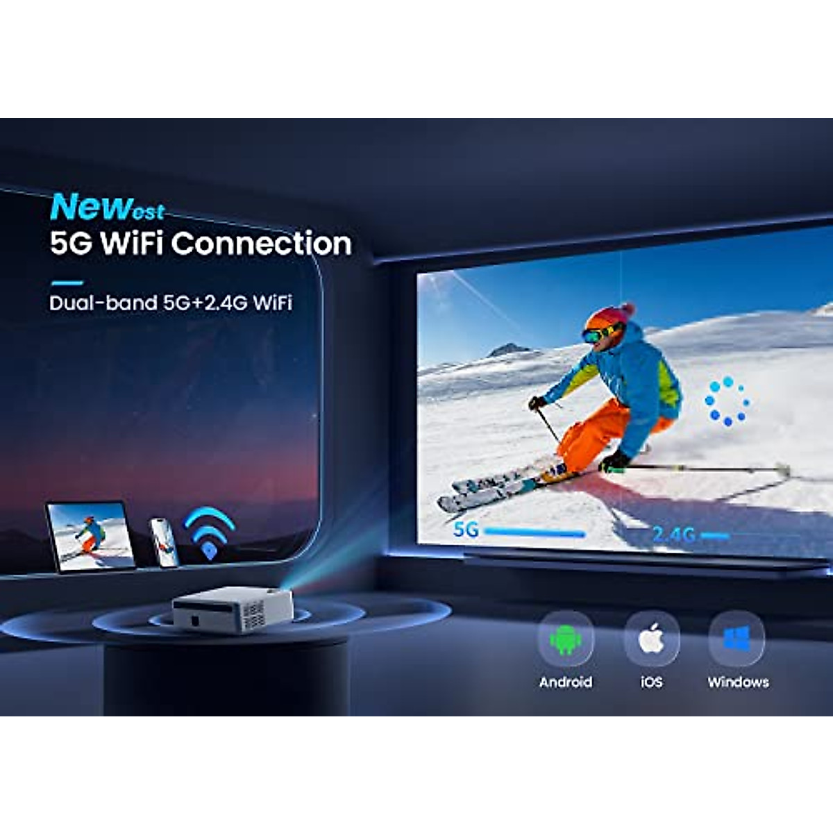 Projector with 5G WiFi and Bluetooth 5.1, ACROJOY Native 1080P Mini Projector 4K Support with 120" Screen & 400" Display, Outdoor Movie Home Theater LED LCD Projector Compatible with TV Stick/HDMI/USB