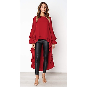 PRETTYGARDEN Women's Lantern Long Sleeve Round Neck High Low Asymmetrical Irregular Hem Casual Tops Blouse Shirt Dress (Red,Medium)