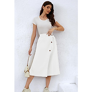 CHARTOU Women's Summer Linen Elastic Back Buttoned Swing Midi A Line Skirt (Large,White)