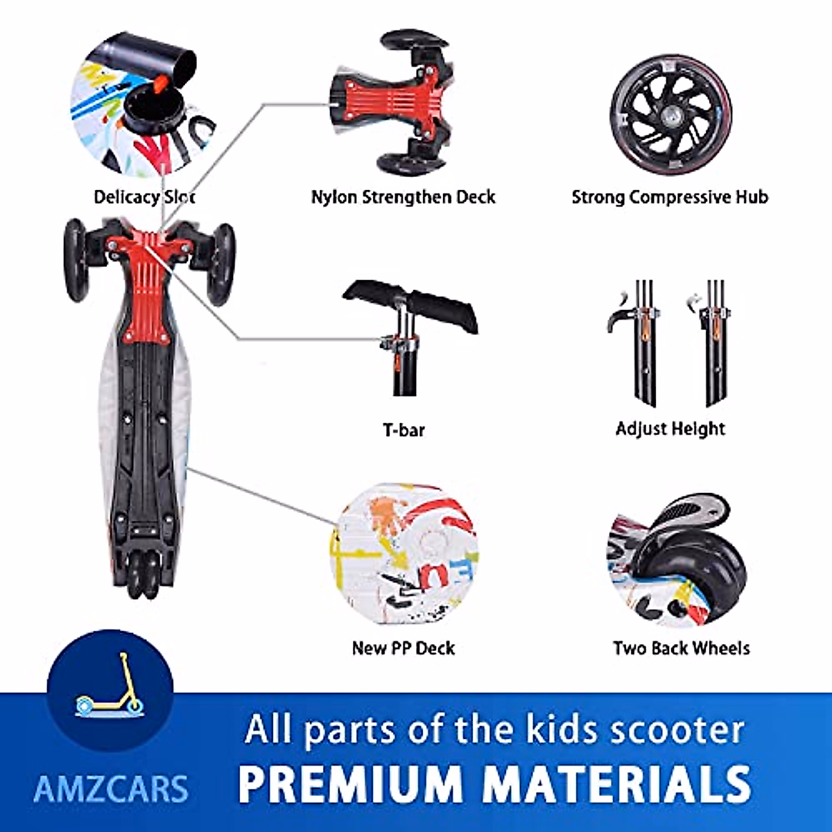 AMZCARS Kick Scooter for Kids, 3 Wheels Toddlers Scooter for 6 Years Old Boys Girls Learn to Steer, Kids Scooter 4 Adjustable Height, Extra-Wide Deck, Flashing Wheel Lights for Children Gifts