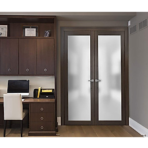 SARTODOORS - French Lite Frosted Glass Doors 72 x 80 | Planum 2102 Chocolate Ash | Frames Trims Satin Nickel Hardware | Bedroom Hall Solid Core Wooden Panels