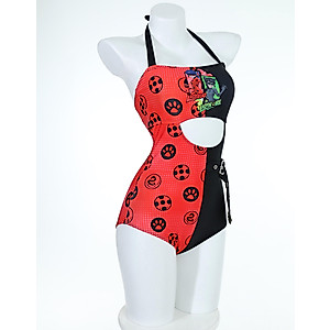 Miraculous Women's Ladybug and Lady Noir Beach Halter One Piece Swimsuit Bathing Suit (as1, Alpha, x_l, Regular, Regular, Black and Red)