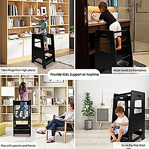 ECOMEX Standing Tower for Toddlers, Toddler Stool for Kitchen Counter Kids Kitchen Step Stool with Safety Rail Toddler Standing Tower with Adjustable Platform for Kitchen Counter, Classic Black