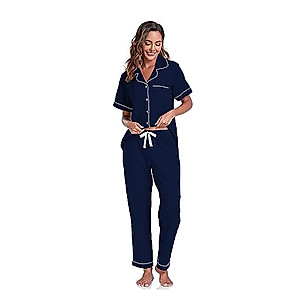 COLORFULLEAF Women's 100% Cotton Pajama Set Summer Button Down Short Sleeve Shirt and Long Pants Sleepwear Soft Lounge Sets(Navy Blue, L)