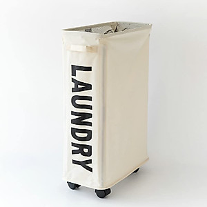 plplaaoo Oxford Cloth Easy Install Storage Basket with Mesh Pulleys, Foldable Laundry Basket with Drawstring Mesh Cover,Corner Clothes Hamper Laundry Bin with Handle (White)