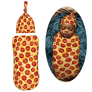 Muishi Funny Pepperoni Pizza Food Texture Newborn Swaddle Blankets Hat Sets Soft Baby Receiving Blanket Swaddle Sack for Baby Shower Infant Boy Girl Gift