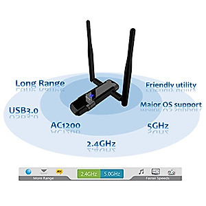 Alfa Long-Range Dual-Band AC1200 Wireless USB 3.0 Wi-Fi Adapter w/2x 5dBi External Antennas - 2.4GHz 300Mbps / 5Ghz 867Mbps - 802.11ac & A, B, G, N